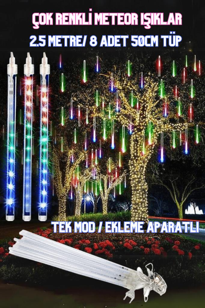 Çok Renkli 2.5 Metre Fişli Meteor LED Işık, Kayan Akar Yağmuru Işıkları ...