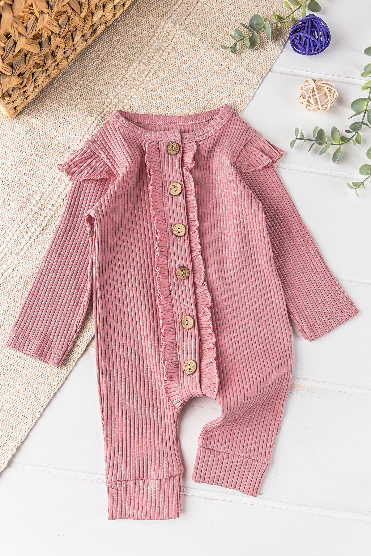 Bebek Tulum | Önden Düğmeli Fırfırlı Kız Bebek Tulum