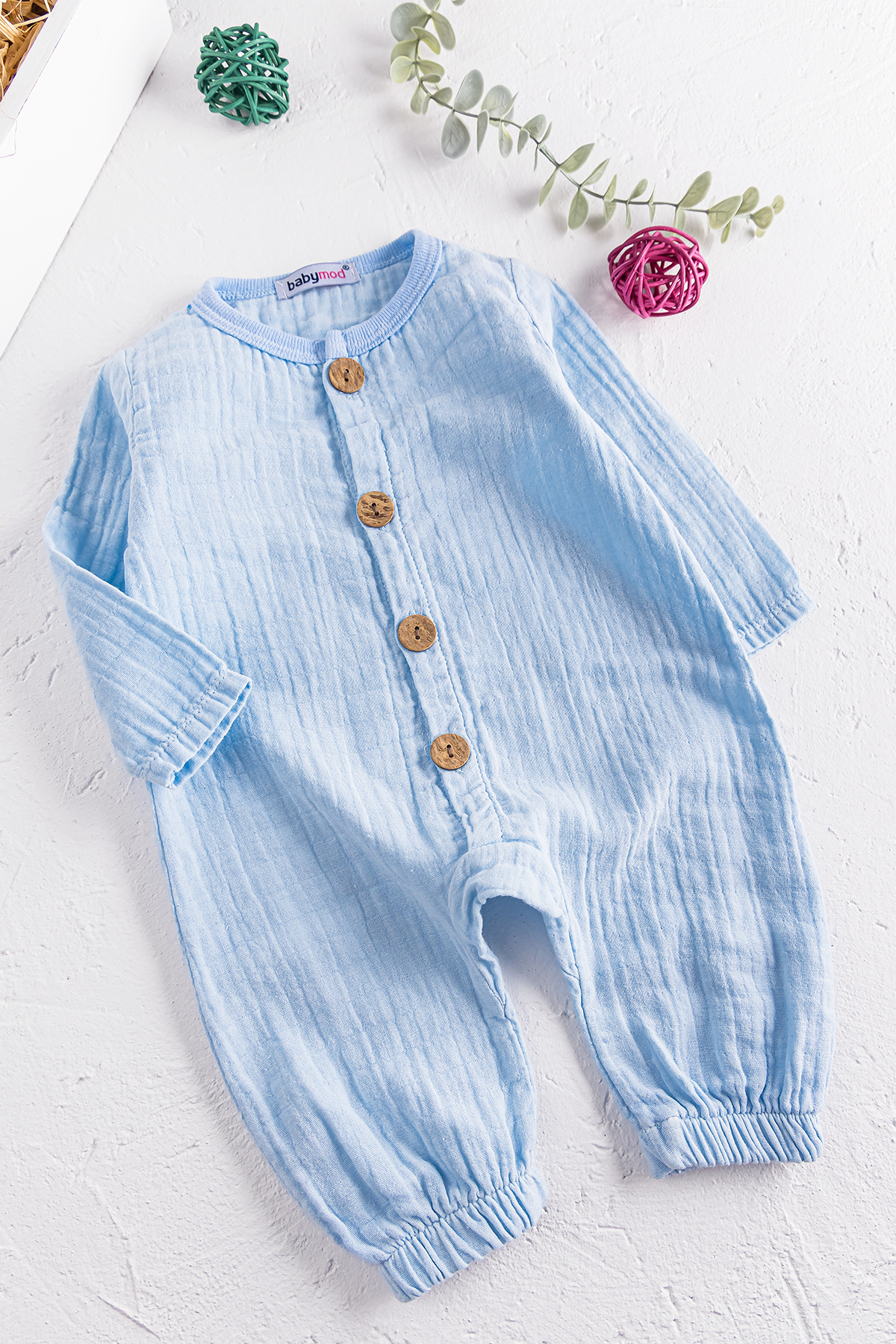 Bebek Tulumları | Önden Düğmeli Müslin Erkek Bebek Tulum