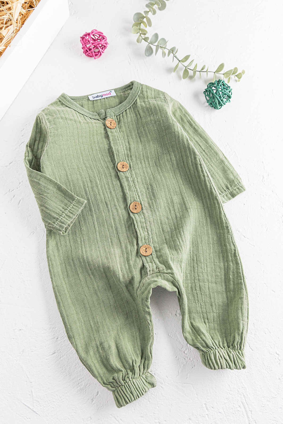 Bebek Tulumları | Önden Düğmeli Müslin Erkek Bebek Tulum